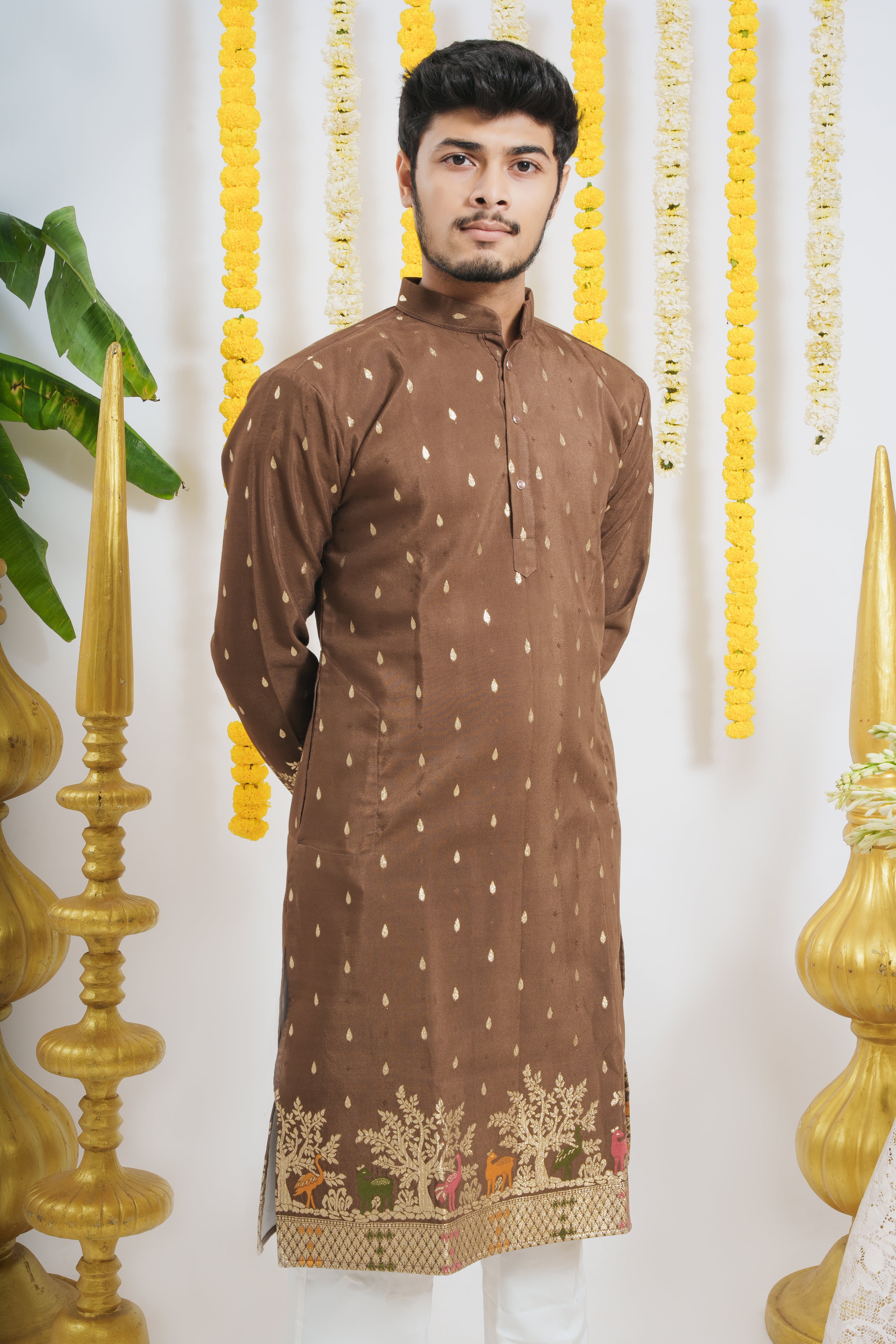 BROWN ANIMAL PATTERN JACQUARD DESIGNER KURTA – shriimant