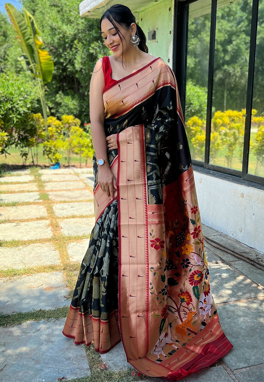 Black Gauri Paithani Silk Pichwai Woven Saree – shriimant